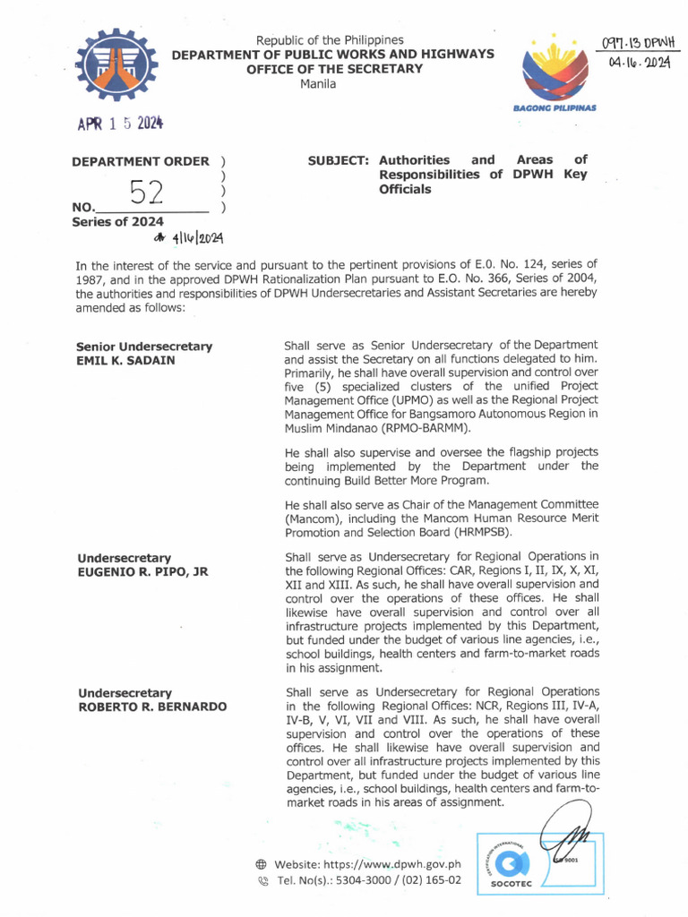 DPWH Key Officials' Responsibilities | PDF | Public Sphere | Government