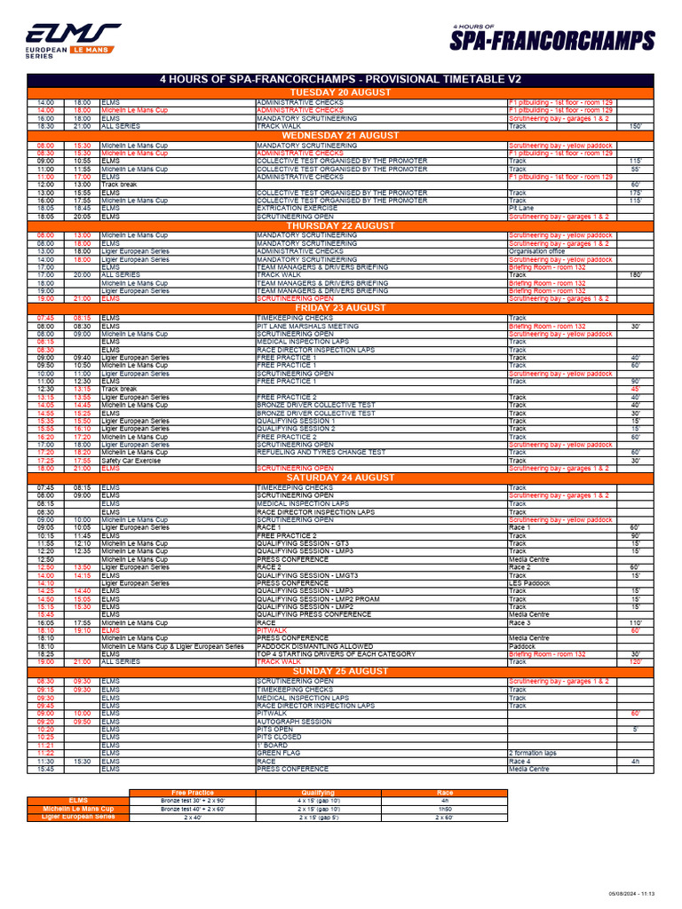 2024 Elms 4 Hours of Spa Francorchamps Provisional Timetable v2 ...