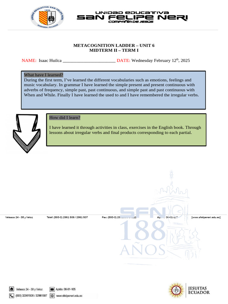 EFL. METACOGNITION LADDER. 24-25 Midterm 2 | PDF | English Language ...