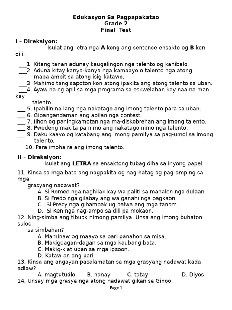 ESP Grade 2 Final Exam | PDF
