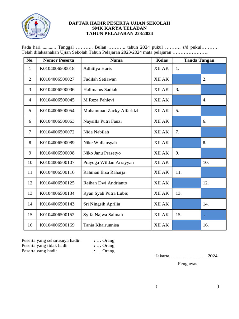 Daftar Hadir Peserta Ujian Sekolah | PDF