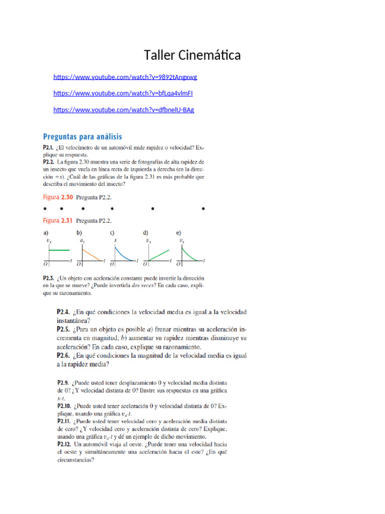 Taller Cinematica | PDF | Velocidad | Aceleración