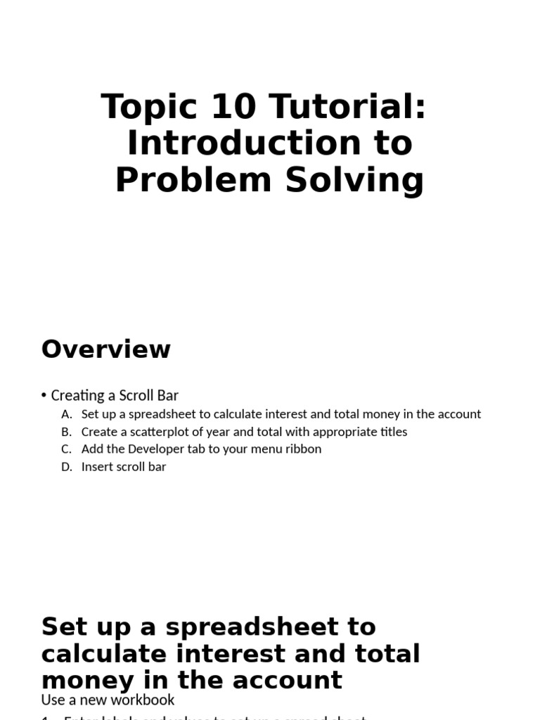 Topic 10 Tutorial Introduction to Problem Solving | PDF | Spreadsheet | Scatter Plot