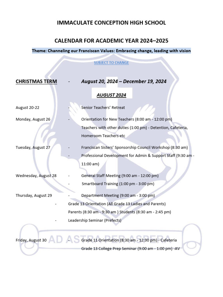 ICHS Academic Calendar 2024-2025 | PDF | Christian Festivals And Holy Days