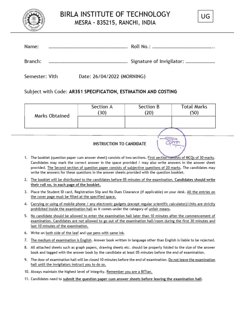 Ar351 Specification, Estimation and Costing (End - SP22) | PDF | Volume