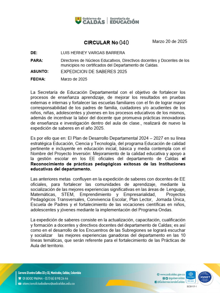Circular 040 Del 20 de Marzo 2025 | PDF | Enseñando | Salón de clases