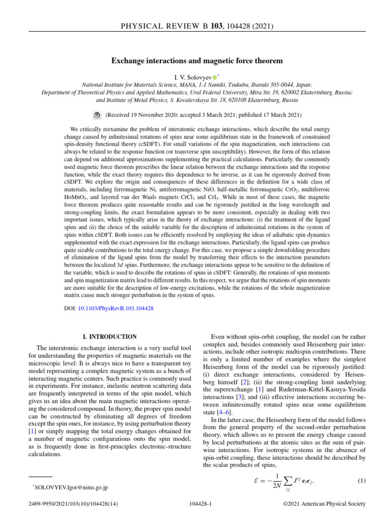 PhysRevB.103.104428 | PDF | Spin (Physics) | Matrix (Mathematics)