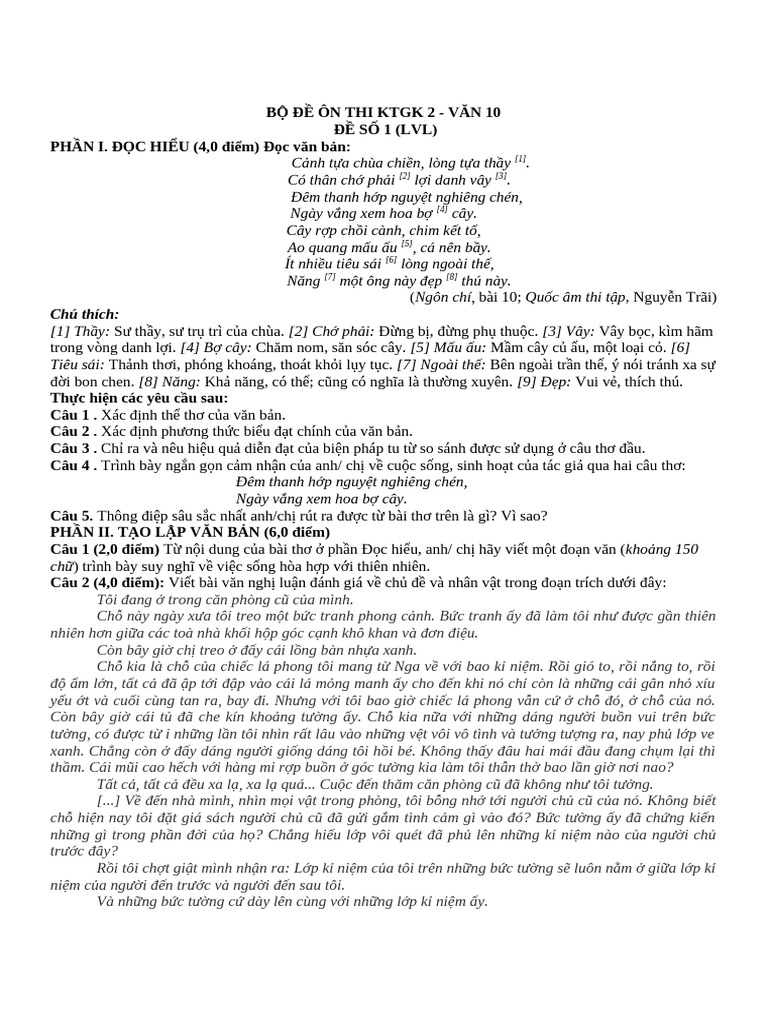 BỘ ĐỀ ÔN THI KTGK 2 VĂN 10 | PDF
