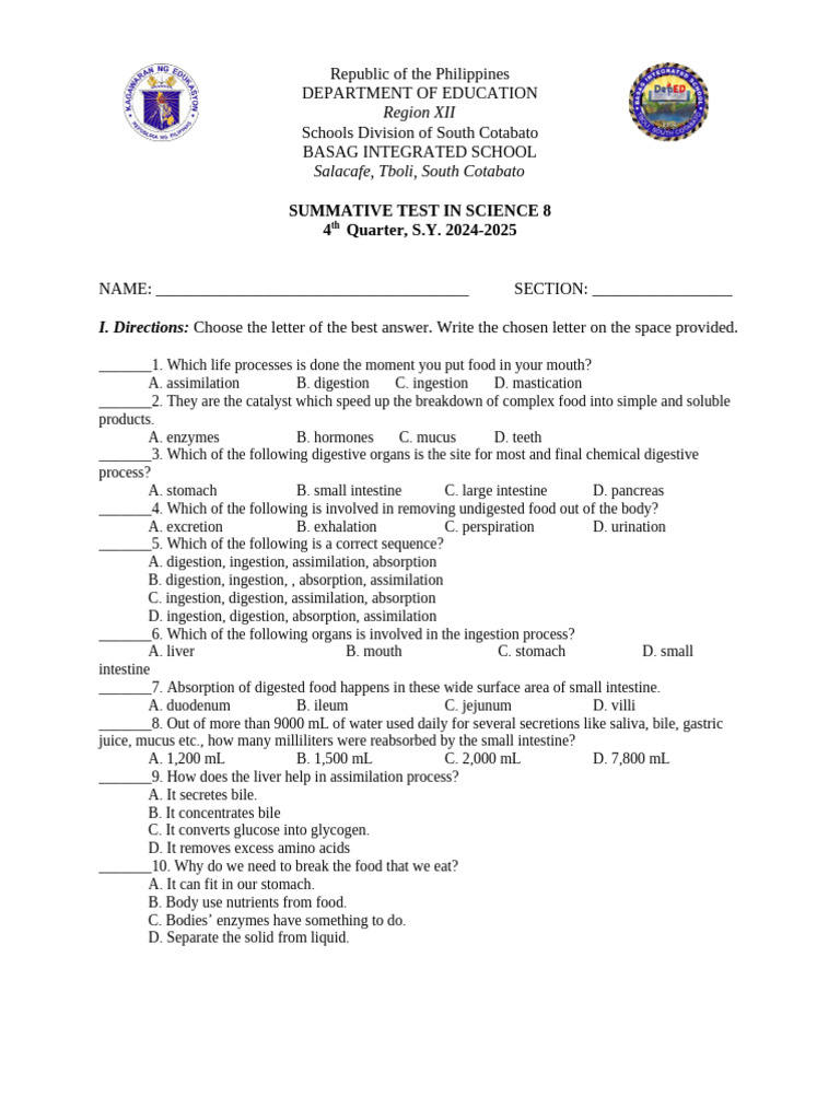 SUMMATIVE TEST q4 m1 m2 | PDF | Digestion | Small Intestine
