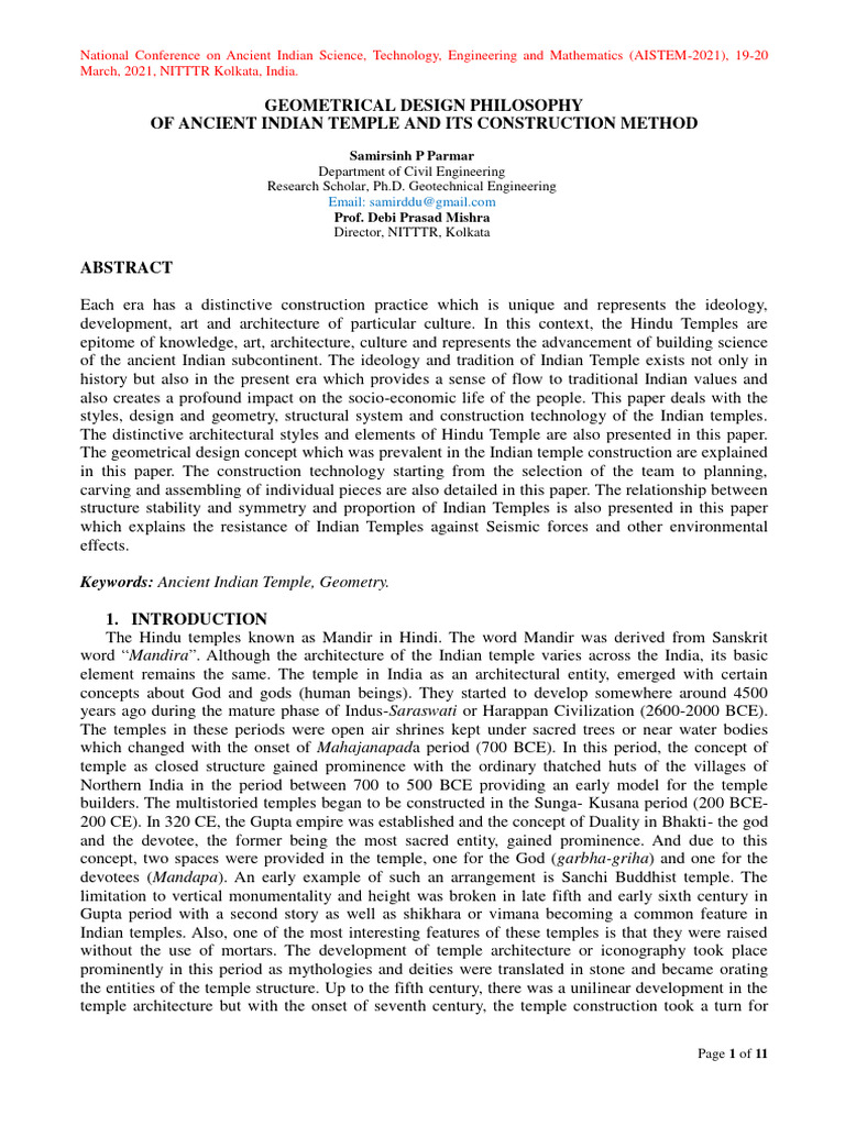 Geometrical Design Philosophy of Ancient Indian Temple and Its ...