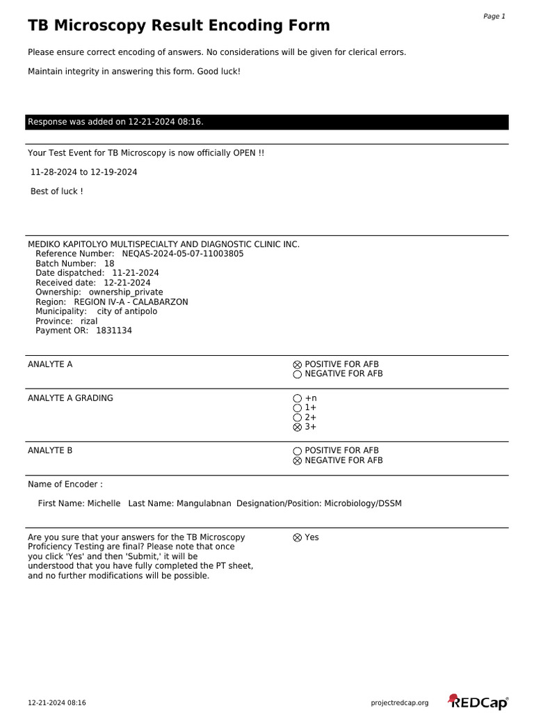 TB Microscopy Result Encoding Form: Response Was Added On 12-21-2024 08 ...
