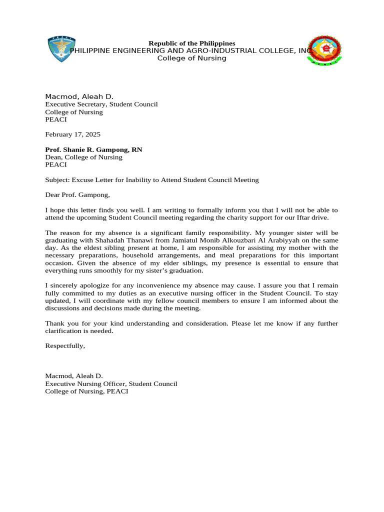 Excuse Letter for Student Council Meeting | PDF