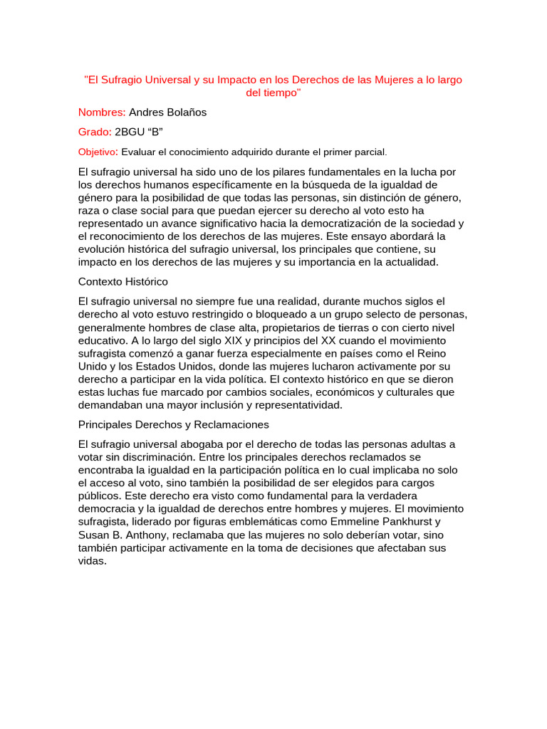 El Sufragio Universal y Su Impacto en Los Derechos de Las Mujeres A Lo Largo Del Tiempo | PDF ...