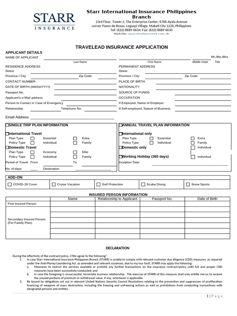 Starr Travel Insurance Application Form | PDF | Debit Card | Insurance