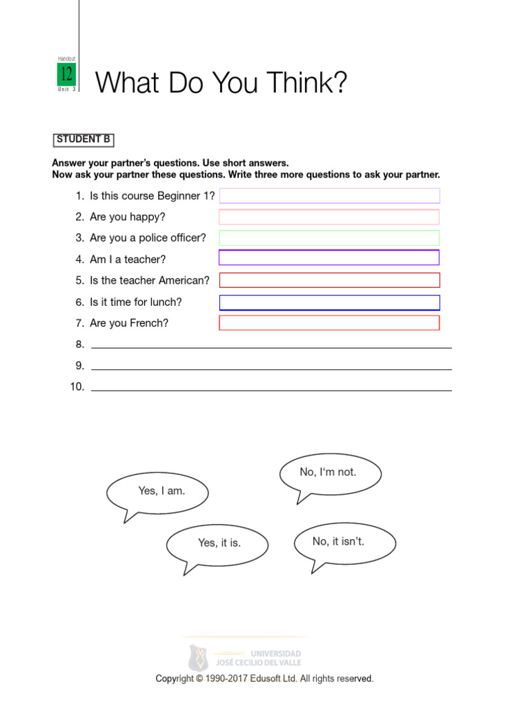 05 Basic I Handout 12 Unit 3 at A Restaurant What Do You Think | PDF