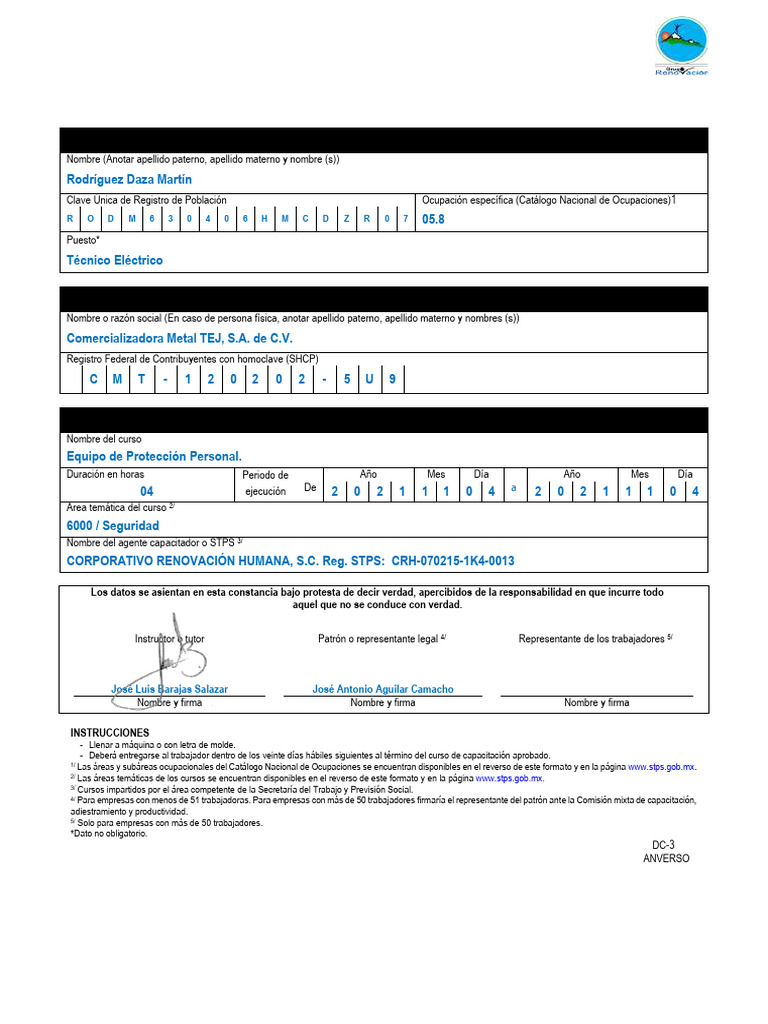 DC3 Equipo de Protección Personal | PDF