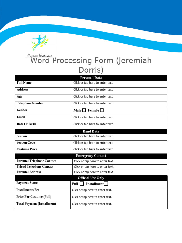 Band Personal Data Form Template | PDF