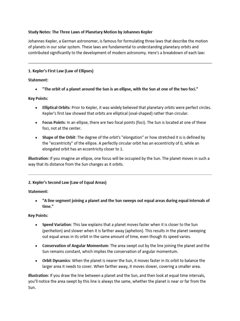 Study Notes On Keplers Laws of Planetary Motion | PDF | Orbit | Planets