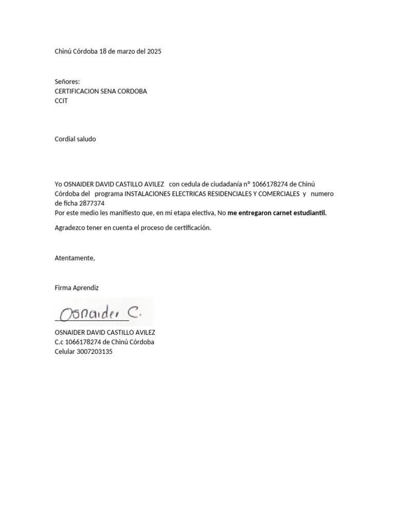 Solicitud de Carnet SENA en Córdoba | PDF