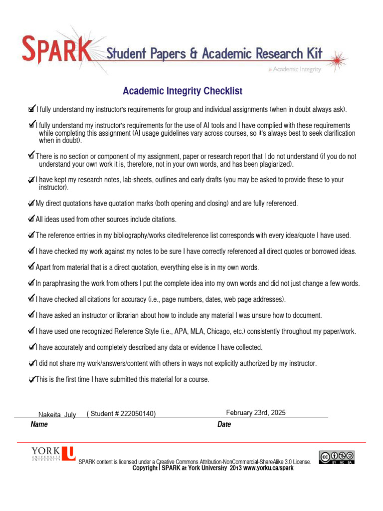 Academic Integrity Checklist 1 | PDF | Citation | Plagiarism