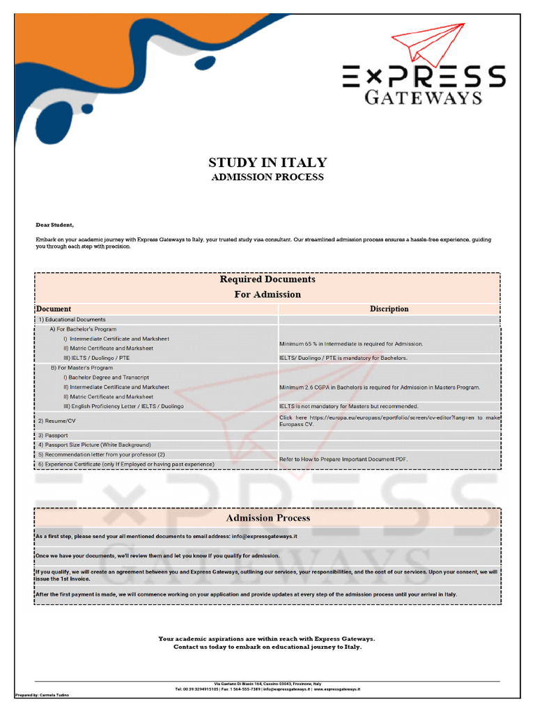 Req Doc for Admission in ITALY | PDF