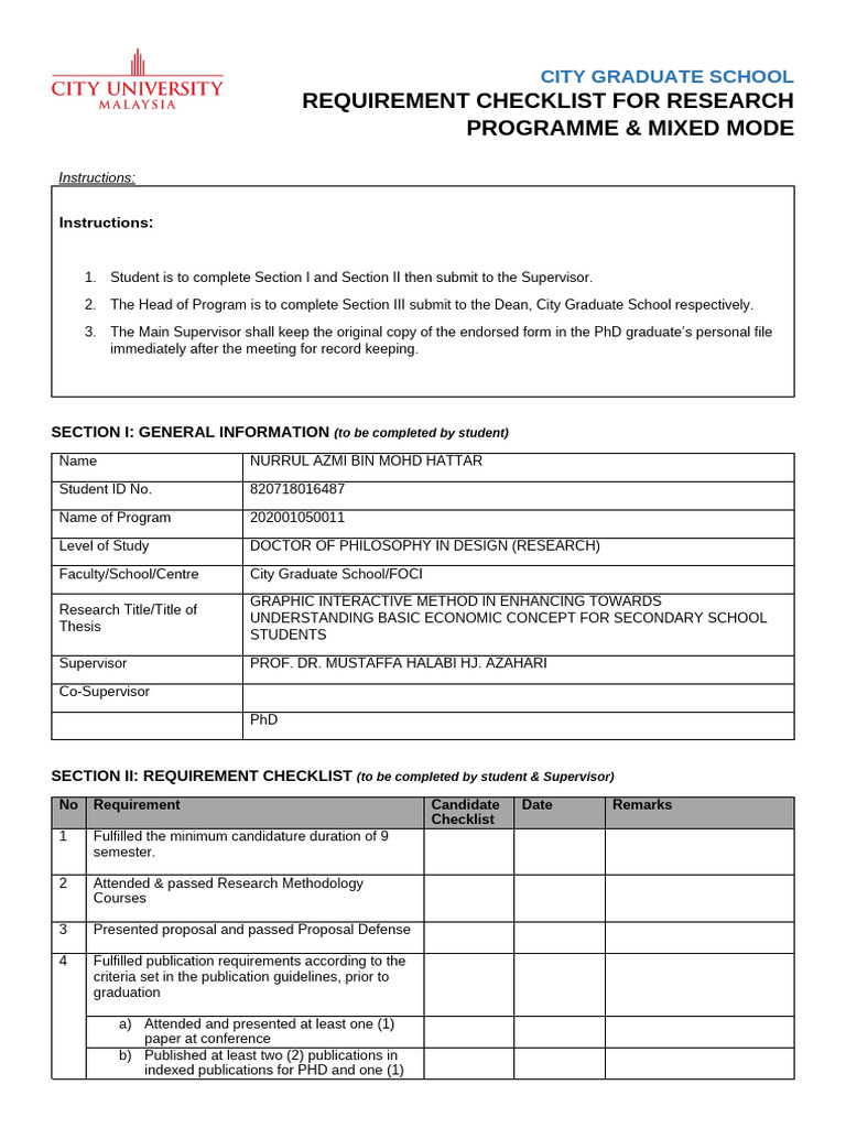 Graduation Requirement Checklist Form | PDF | Thesis | Doctor Of Philosophy