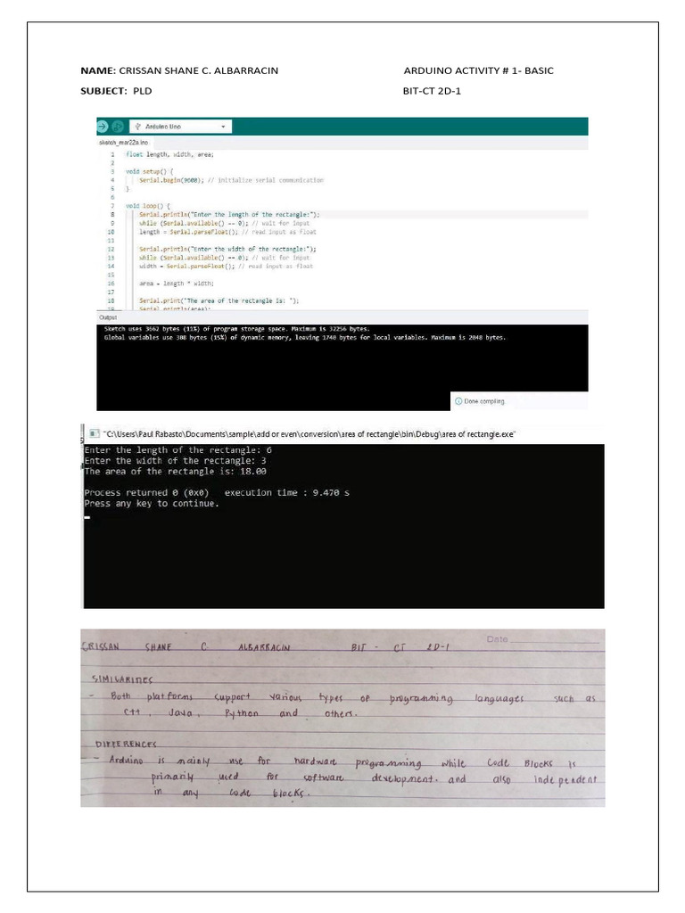 Arduino Activity #1 - Basic (Albarracin, Crissan Shane C. - Bit CT 2D-1) | PDF