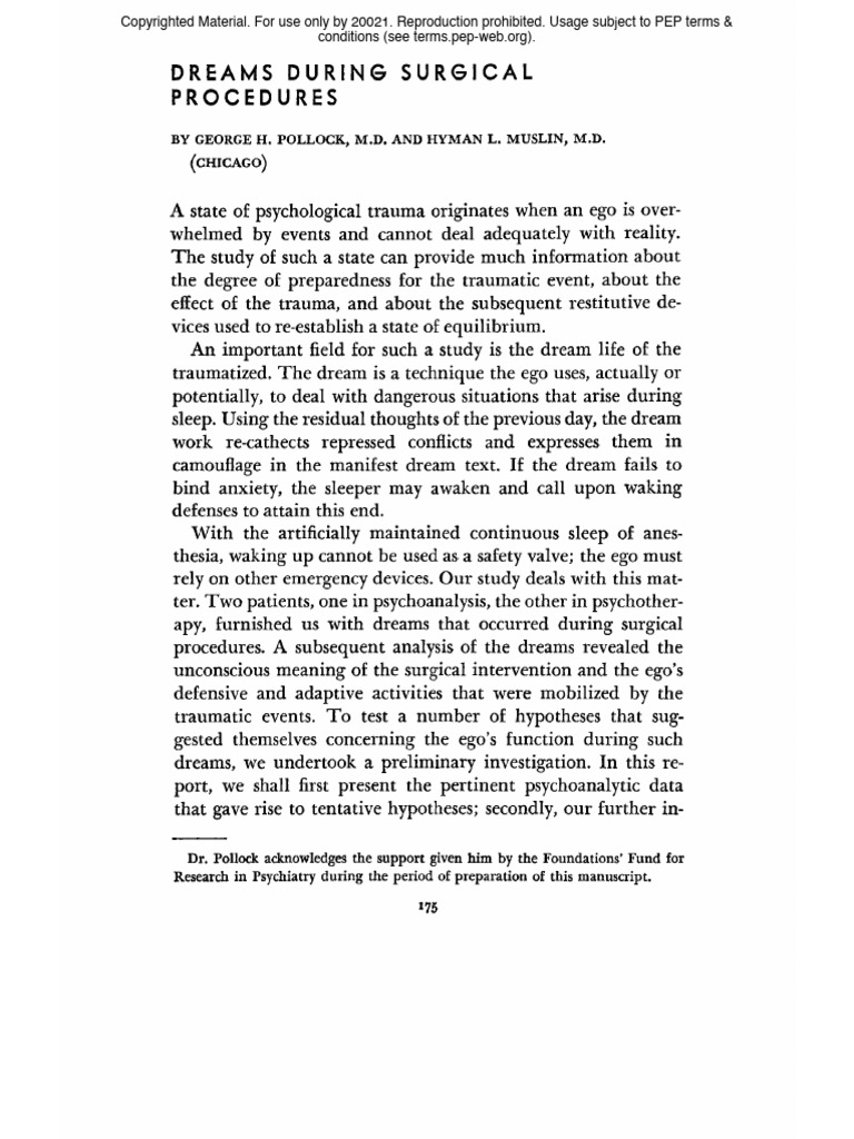 CLASE 16. Dreams During Surgical Procedures. Pollock, G.H. Muslin, H ...