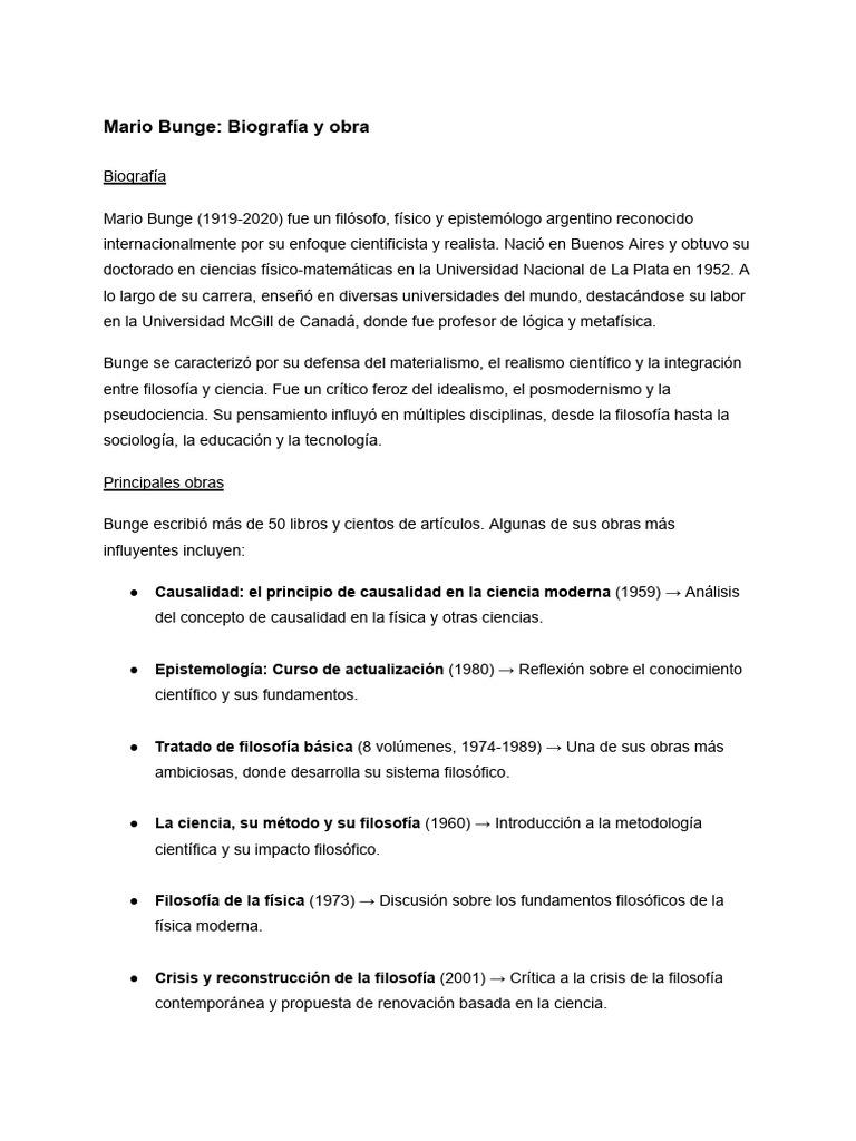 Biografía y legado de Mario Bunge | PDF | Realismo filosófico ...