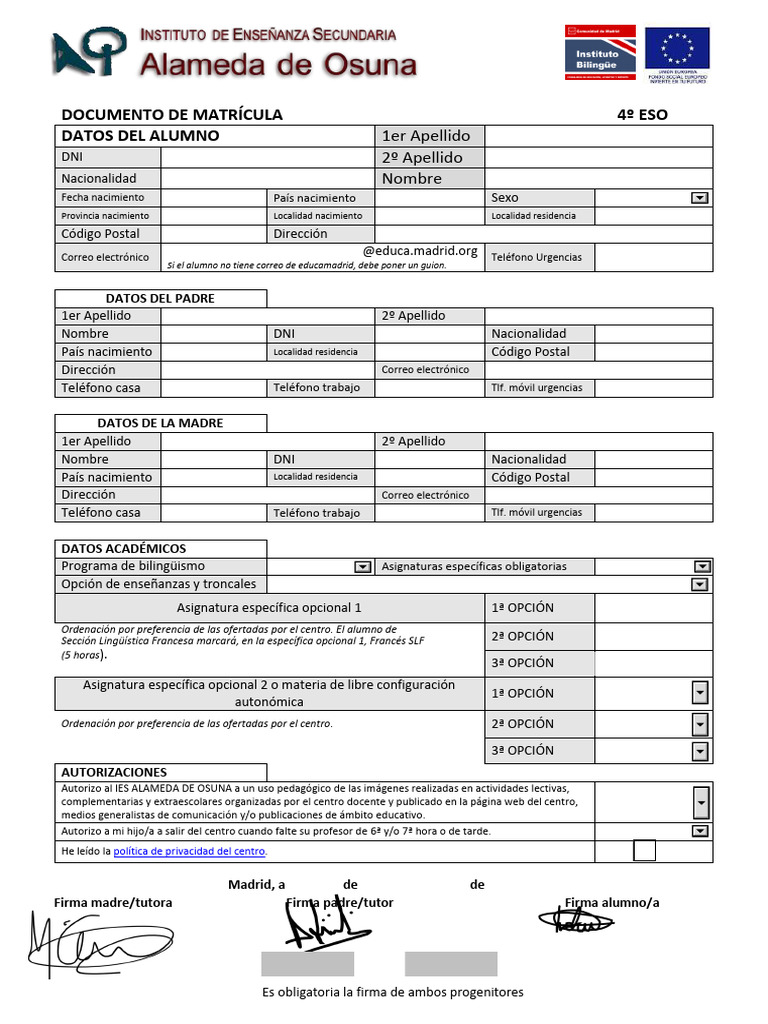 Formulario MatrÃ - Cula 2022-23 4ÂºESO FIN | PDF