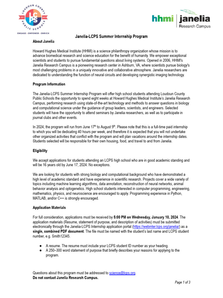 Janelia-LCPS Summer Internship Details | PDF | Science | Mathematics
