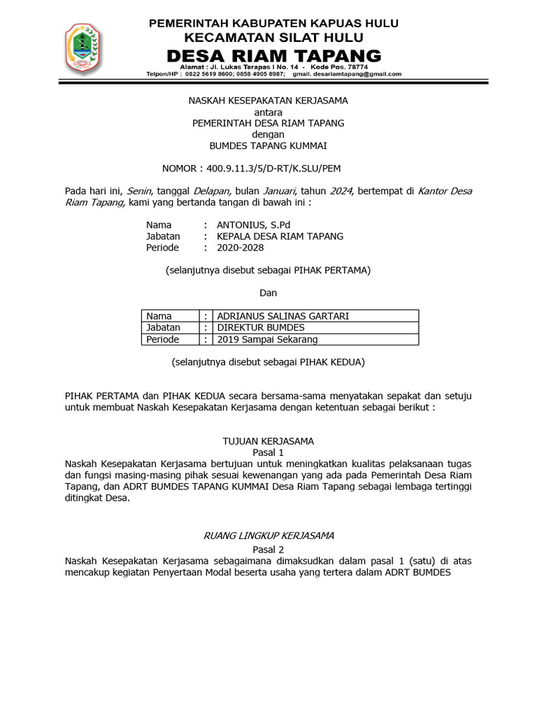 Kesepakatan Kerjasama Desa Riam Tapang | PDF