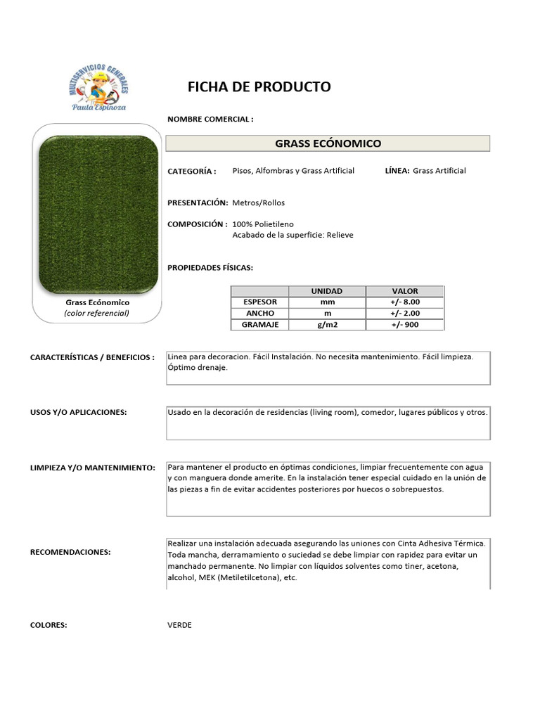 Ficha Tecnica - Grass Economico Artificial de 8MM | PDF