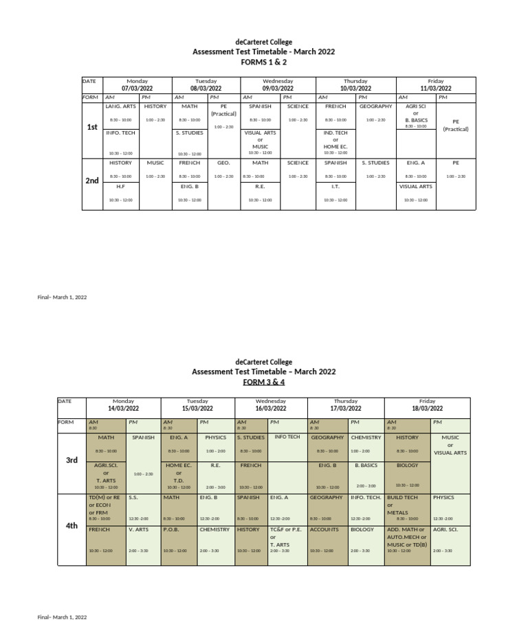 Assessment Timetable March 2022 | PDF