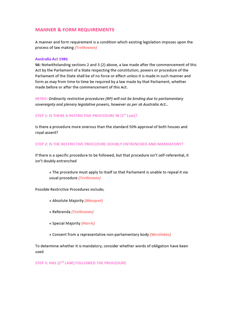 Manner & Form Requirements | PDF | Act Of Parliament | Supermajority