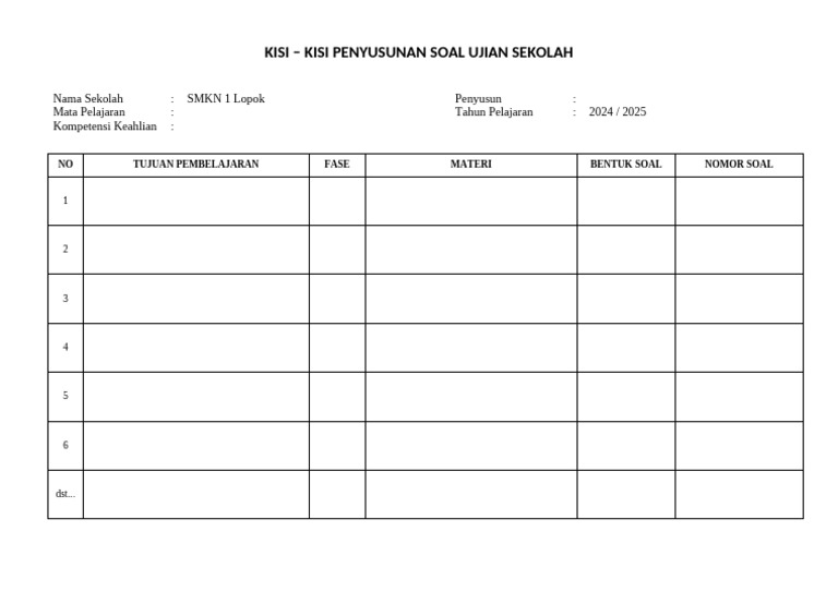 Kisi-Kisi Soal Ujian Sekolah 2025 | PDF