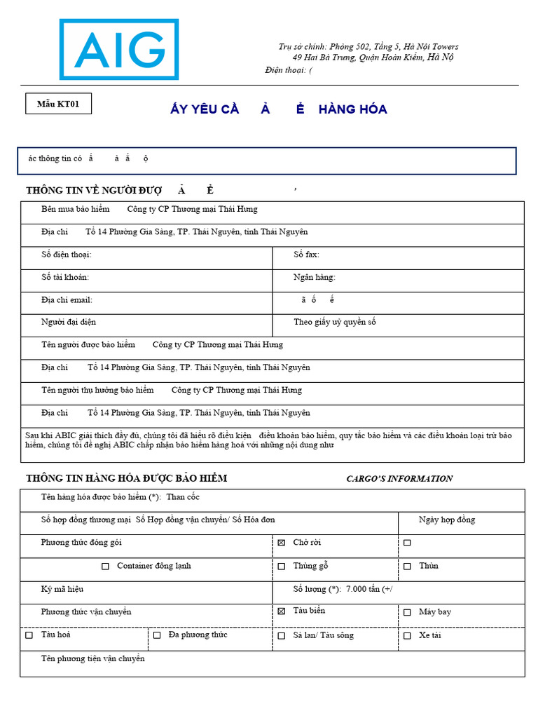 Mau KT01 - Giay YCBH Hàng Hóa | PDF