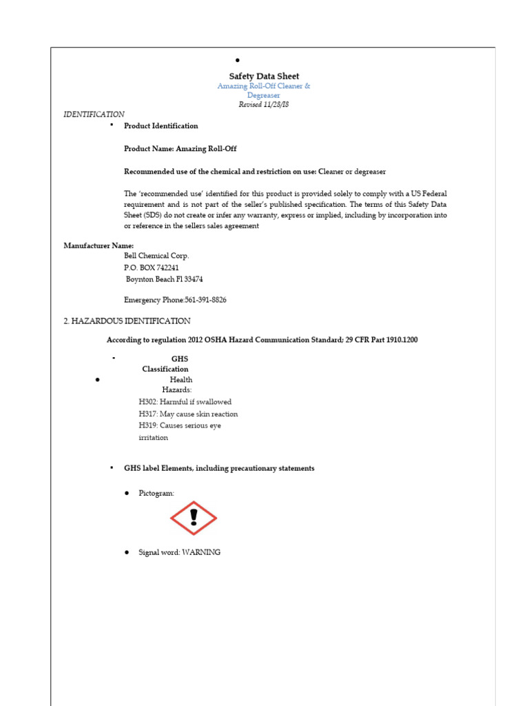 Amazing Roll-Off Cleaner Safety Data Sheet | PDF | Safety ...