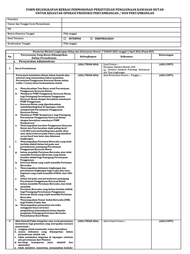 Ceklist Kelengkapan Permohonan PPKH - OP Permen LHK P. 7 Tahun 2021 | PDF