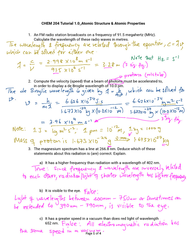 CHEM 204 Tutorial 1.0 - Atomic Structure & Atomic Properties-2024-Solutions | PDF ...