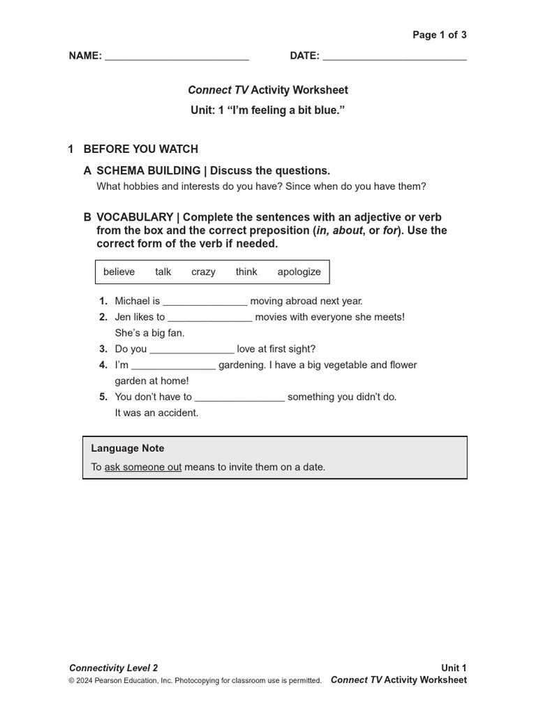 CTY2 Connect TV Worksheet Unit 1 | PDF | Linguistics