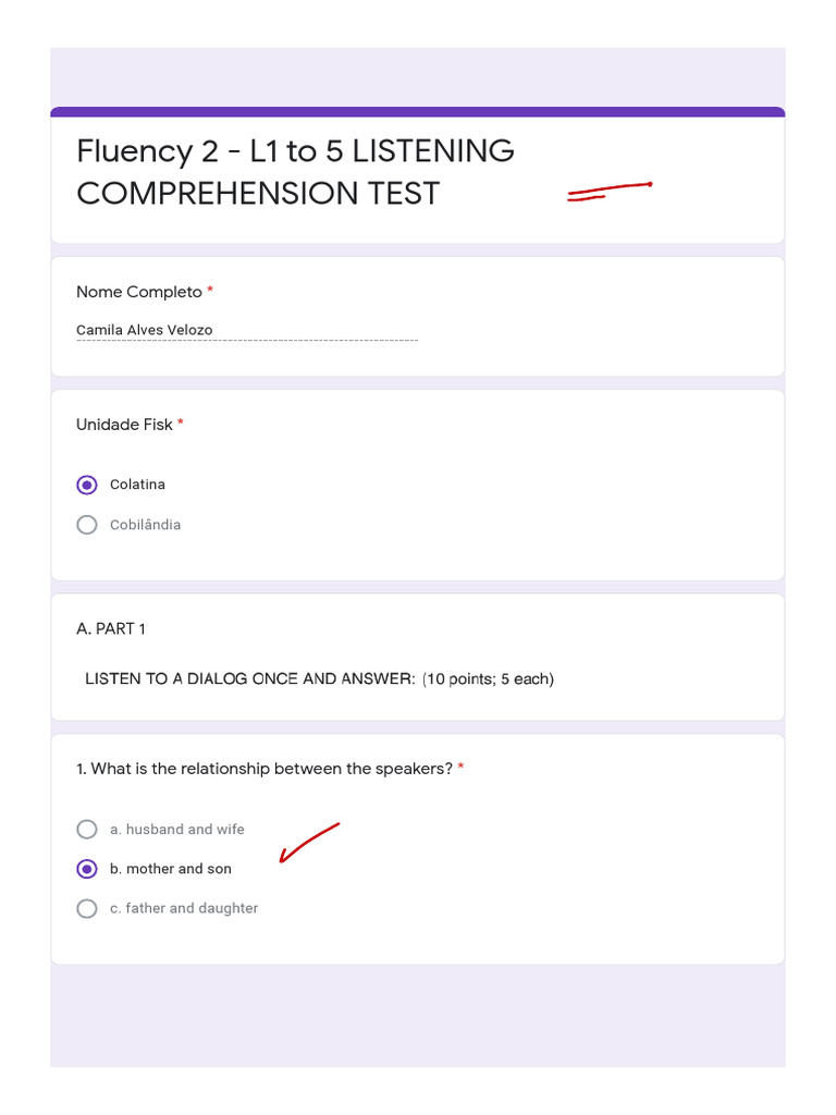 Fluency 2 - l1 To 5 Listening Comprehension Test | PDF