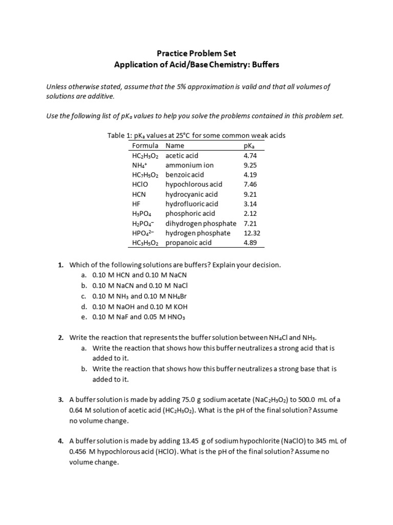 Acid/Base Chemistry Buffers Problem Set | PDF | Acid | Ammonium