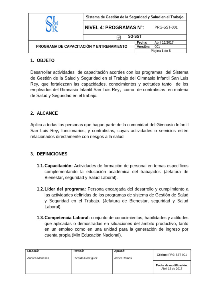 PRG-SST-001 Programa de Capacitación | PDF | Seguridad y salud ocupacional