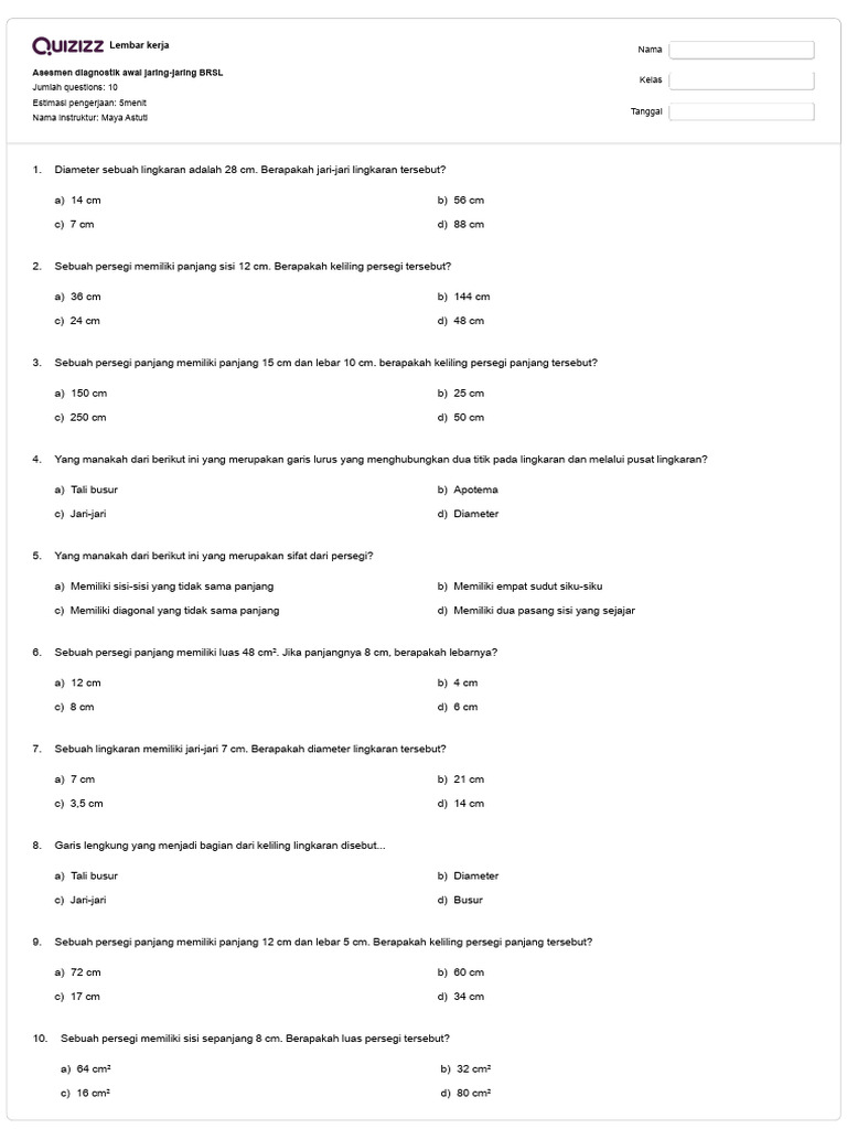 Asesmen Diagnostik Awal Jaring-Jaring BRSL - Quizizz | PDF