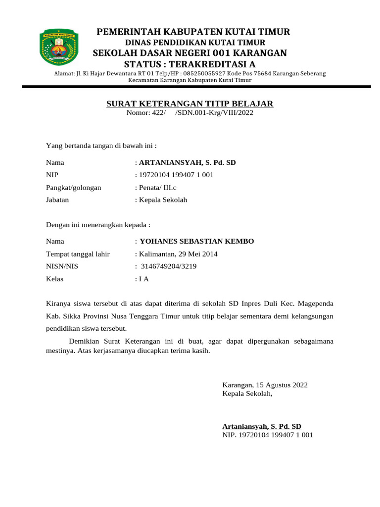 surat titip belajar | PDF