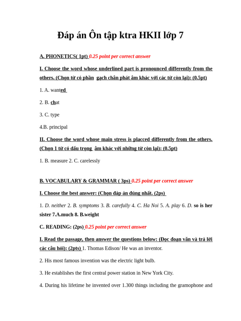 Đáp án Ôn tập ktra HKII lớp 7 | PDF