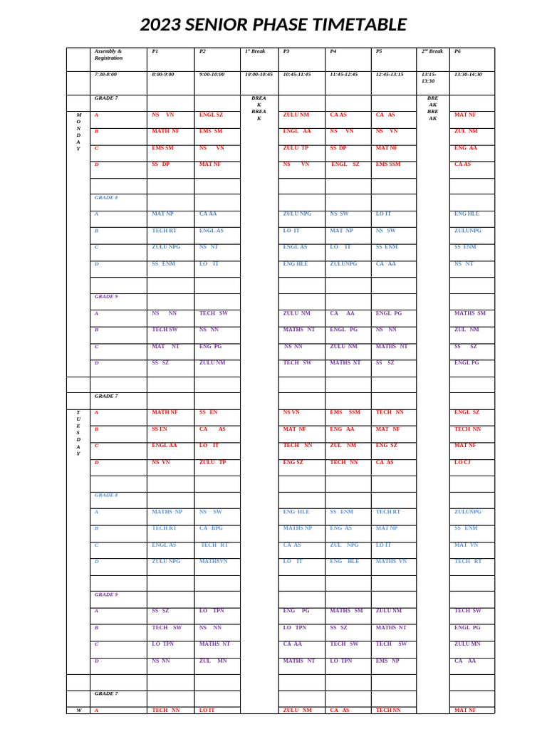 Senior Phase Timetable Grade 7,8 & 9 2023 | PDF
