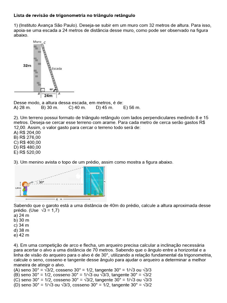 Lista de Revis-O de Trigonometria No Tri-Ngulo Ret-Ngulo.2docx | PDF | Trigonometria | Triângulo