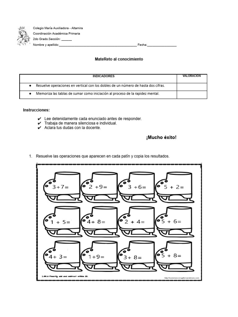 Dobles y Tablas de Sumar Mate Reto .1do Grado | PDF